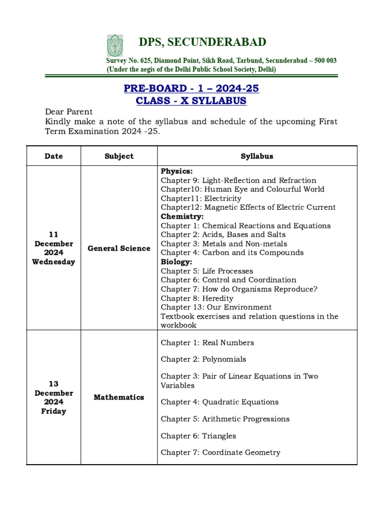 Class X - Pre-Board-1 Syllabus 2024 | PDF