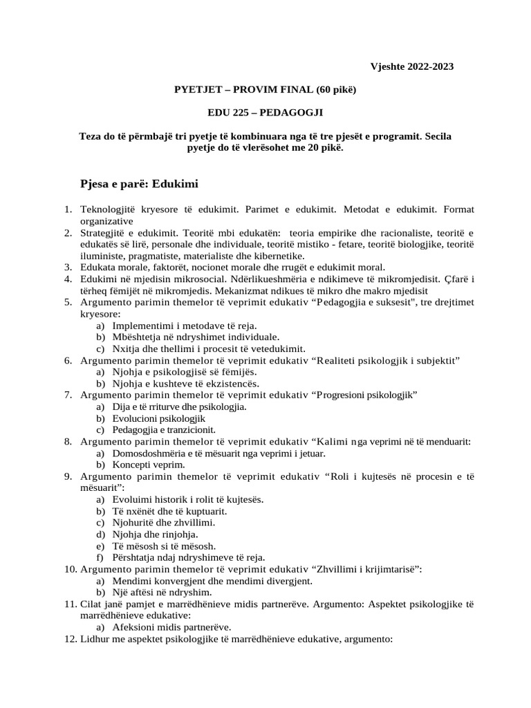 Pyetjet 2023 - Provim Fnal Dita 60 Pike | PDF