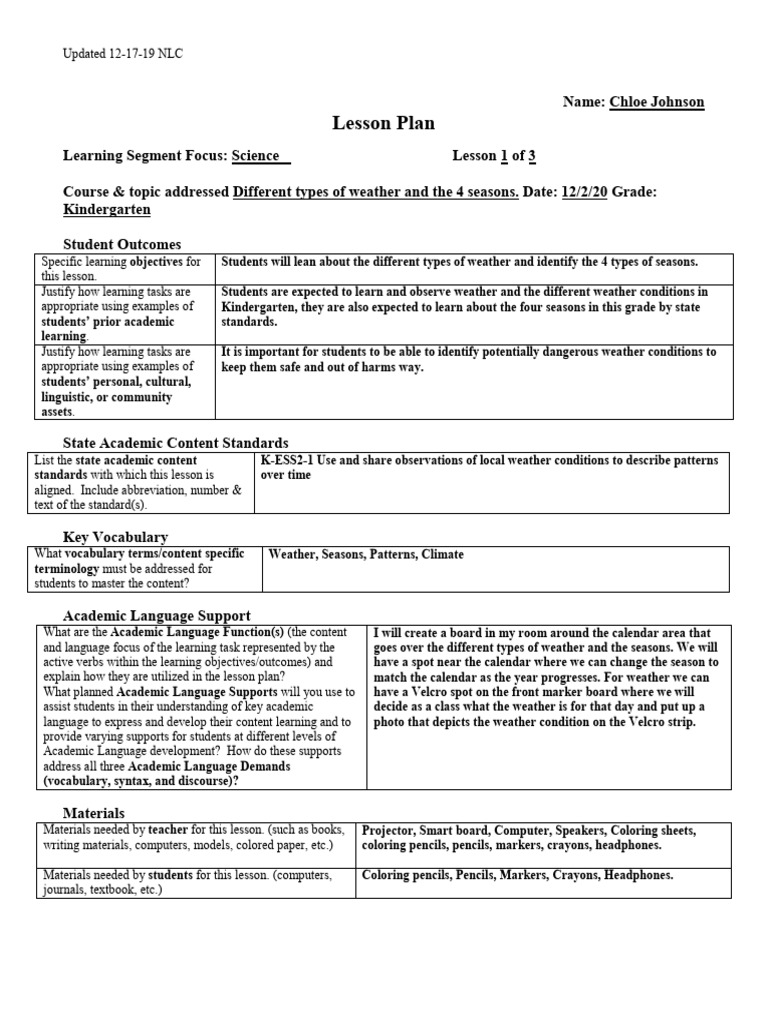 Weather and Seasons lesson plan(1) | PDF | Cognition | Learning