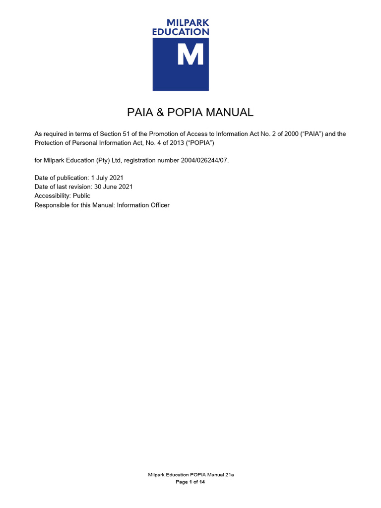 Milpark PAIA and POPIA Manual | PDF | Information Security | Employment