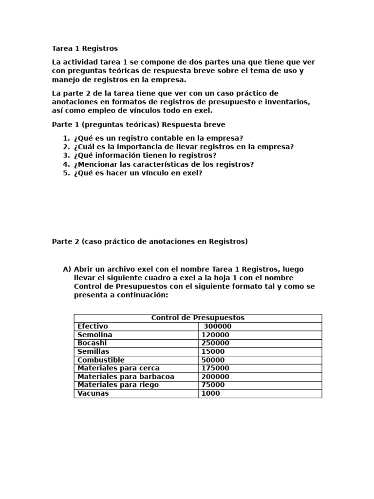 Tarea 1: Registros y Excel | PDF | Presupuesto
