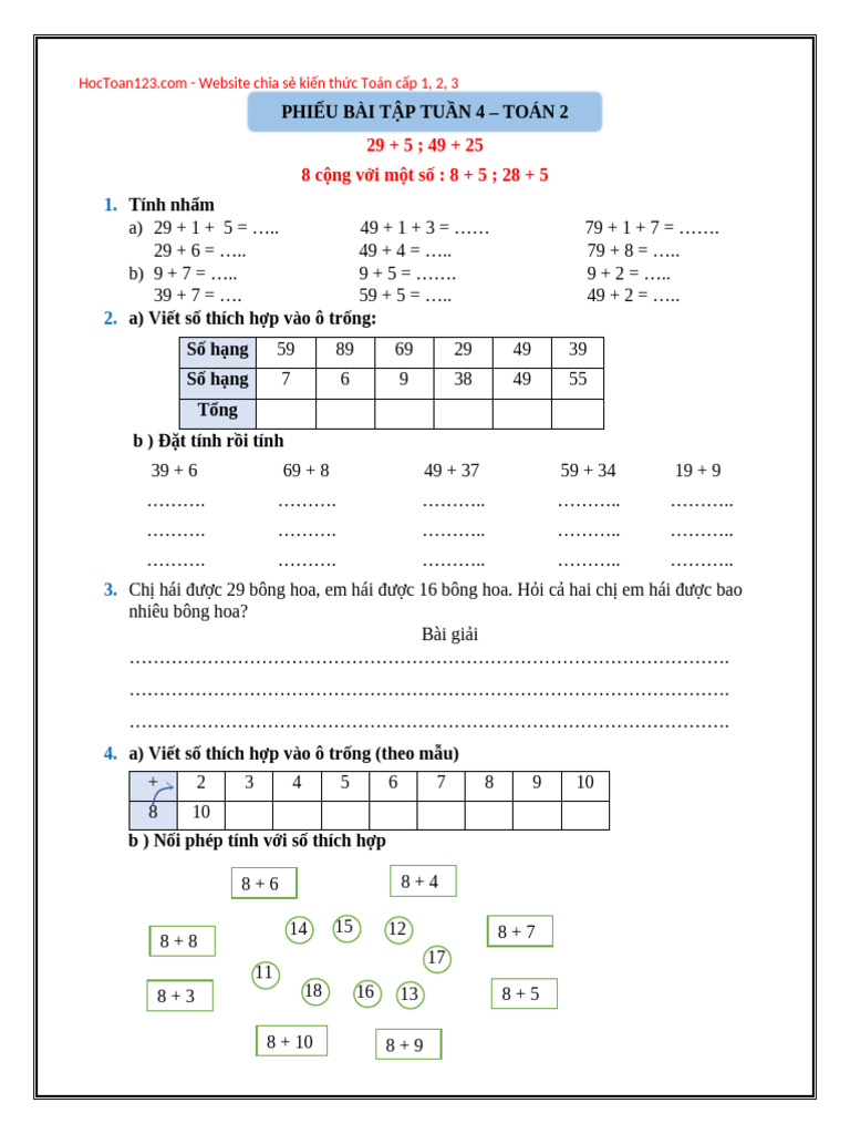 Phieu Bai Tap Tuan 4 Toan Lop 2 | PDF