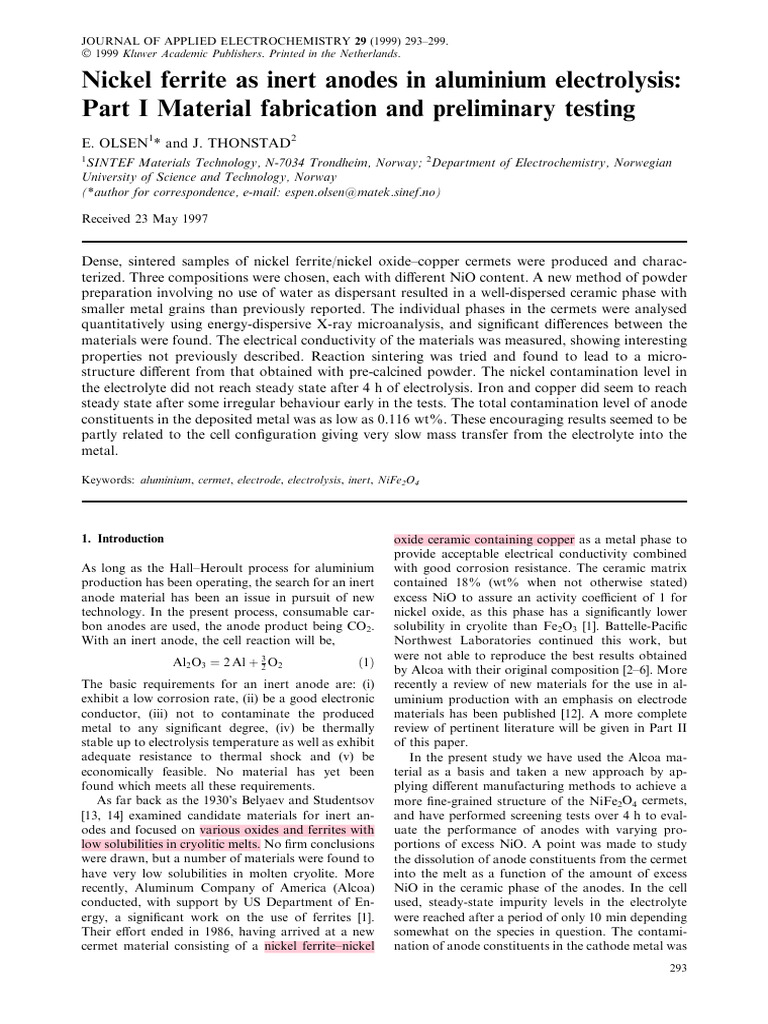 Nickel Ferrite As Inert Anodes in Aluminium Electrolysis I | PDF ...