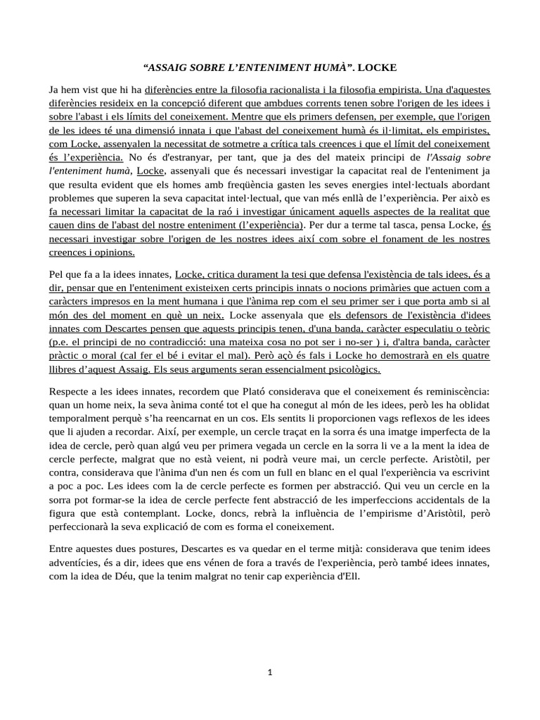 Textos Locke i resum. Assaig sobre l'enteniment humà. | PDF