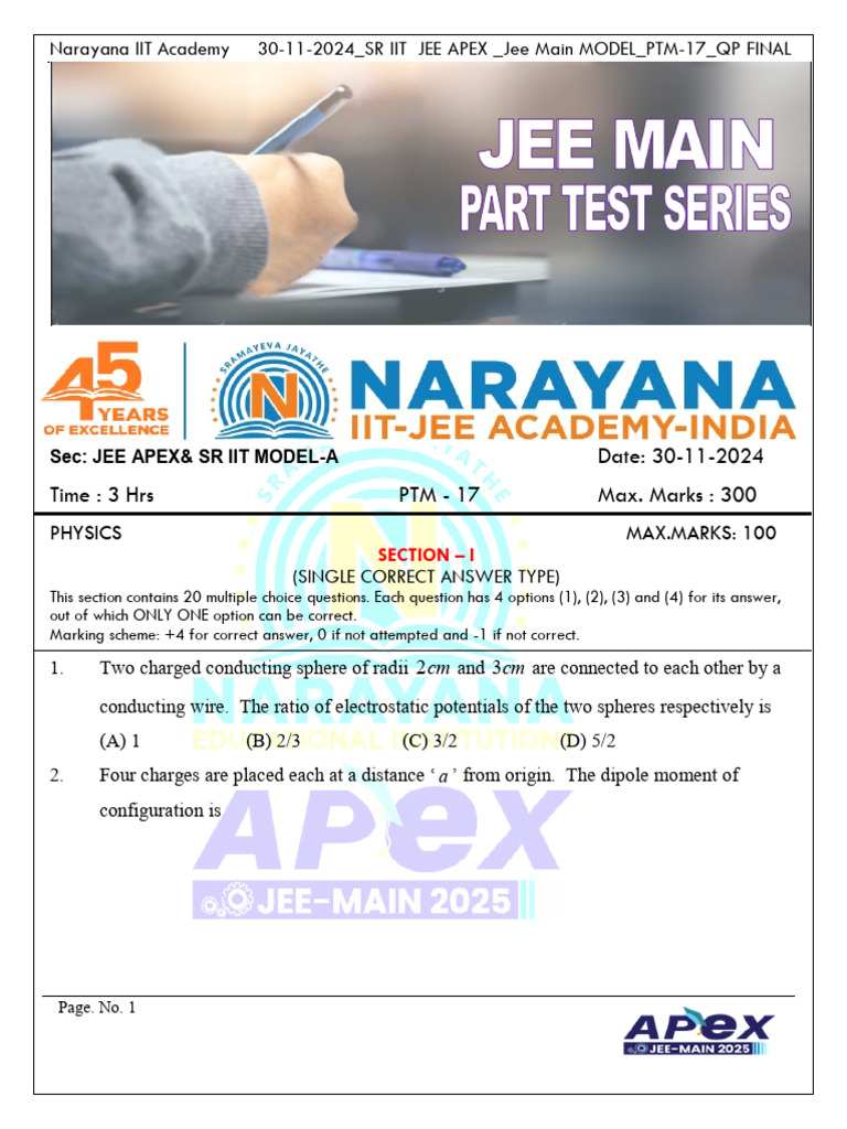 30-11-2024 - SR Iit - Jee Apex - Jee Main Model - ptm-17 - QP Final | PDF | Circle | Mass