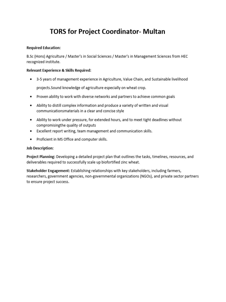 TORs - Project - Coordinator | PDF | Non Governmental Organization ...