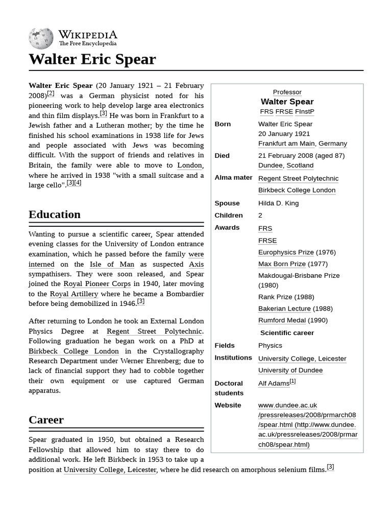 Walter_Eric_Spear | PDF | Materials | Condensed Matter Physics