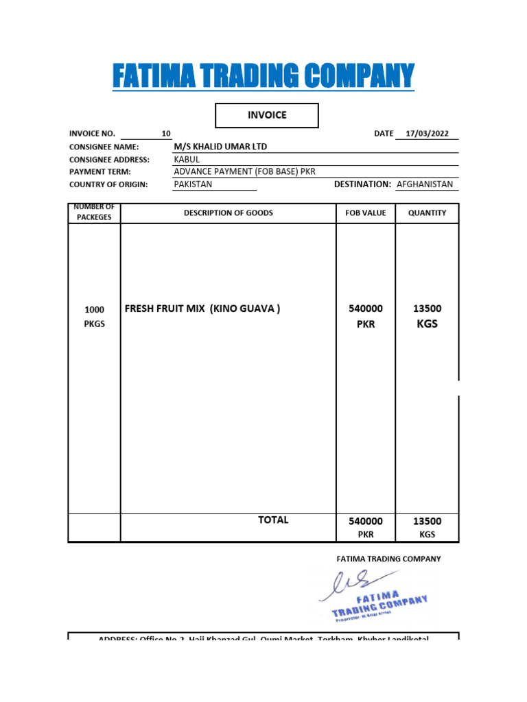 Fatima Trading Company: Invoice | PDF