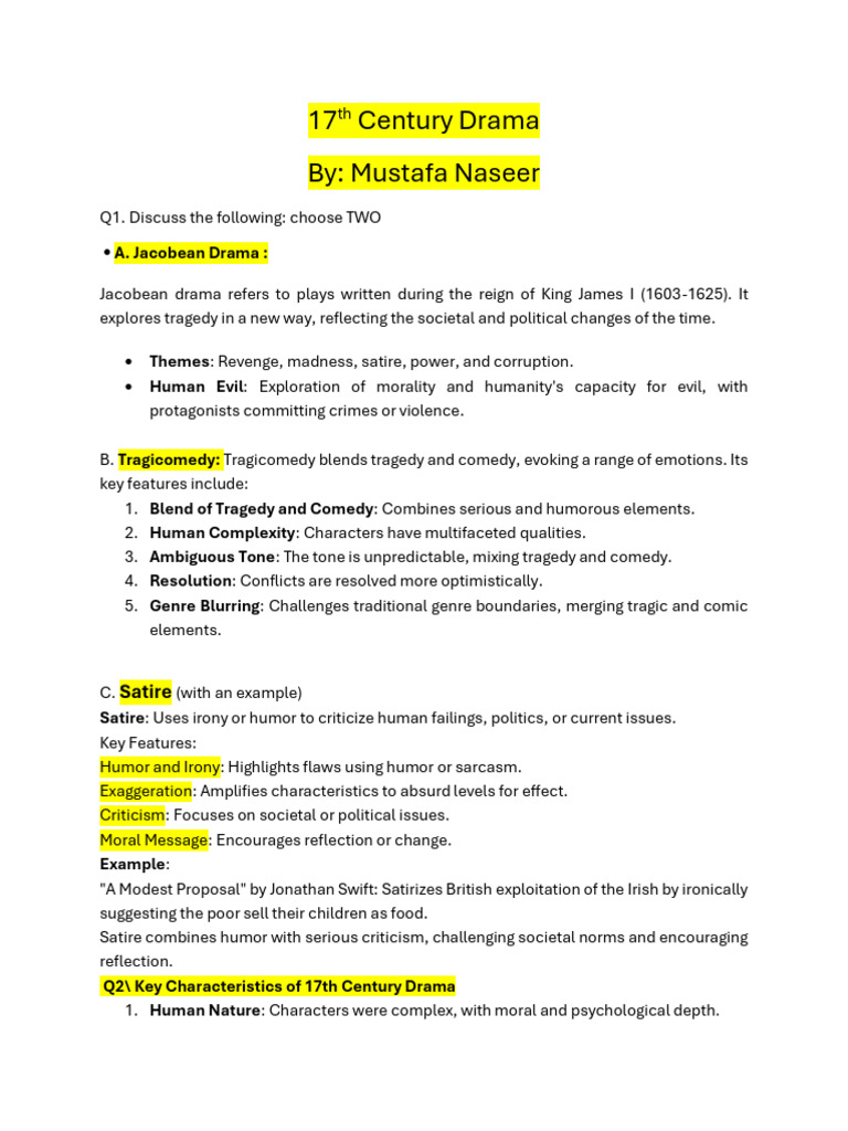 Key Themes in 17th Century Drama | PDF