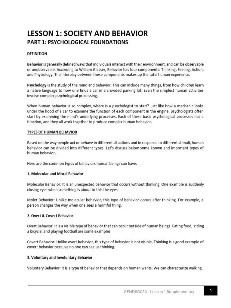 LESSON 1 Behavior Part 1 | PDF | Emotions | Id