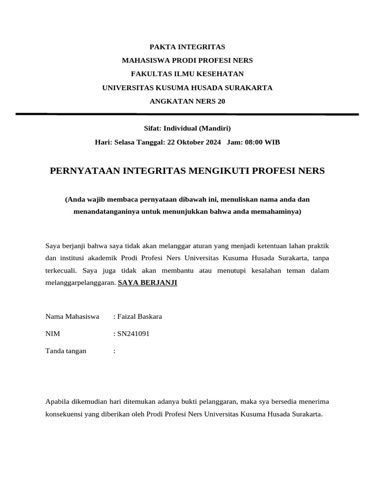 Pernyataan Integritas Mahasiswa Ners | PDF