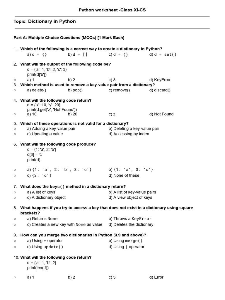 Dictionary XI CS Worksheet | PDF | Software Engineering | Computing