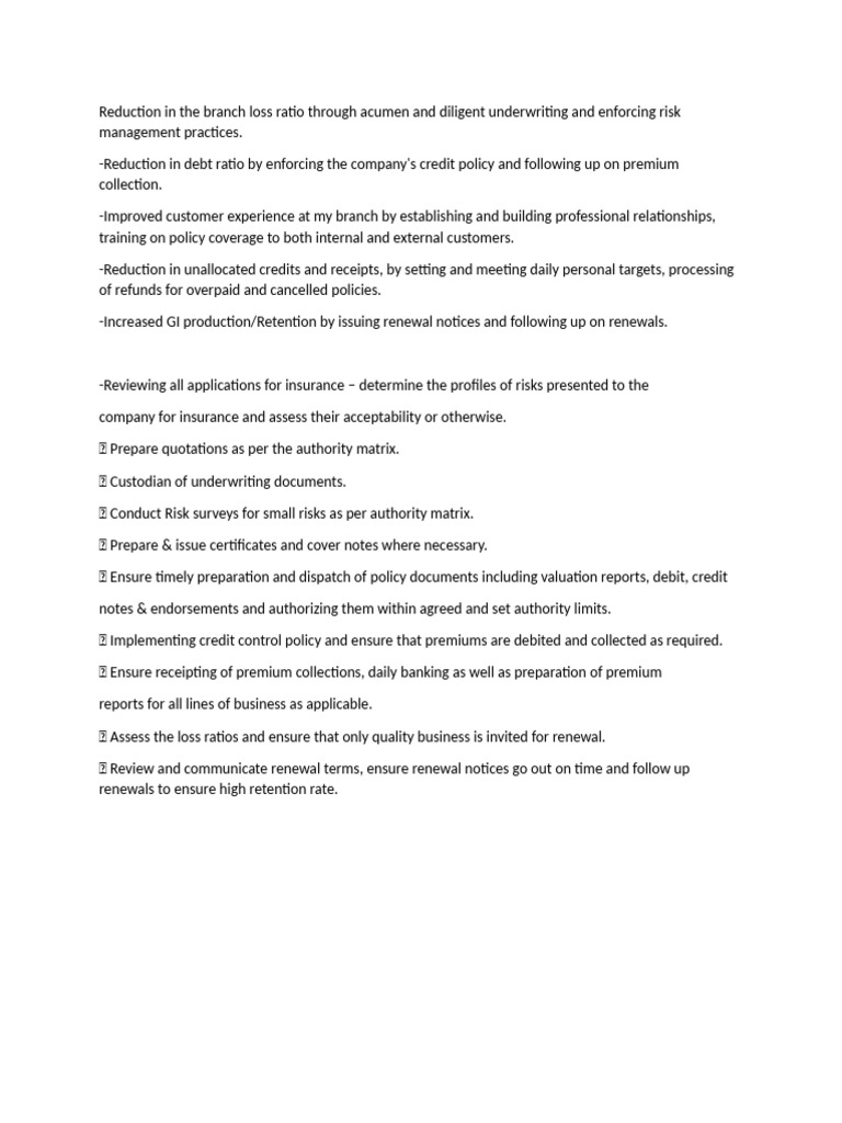 Reduction in The Branch Loss Ratio Through Acumen and Diligent ...