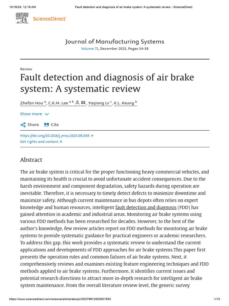 Fault Detection and Diagnosis of Air Brake System - A Systematic Review ...