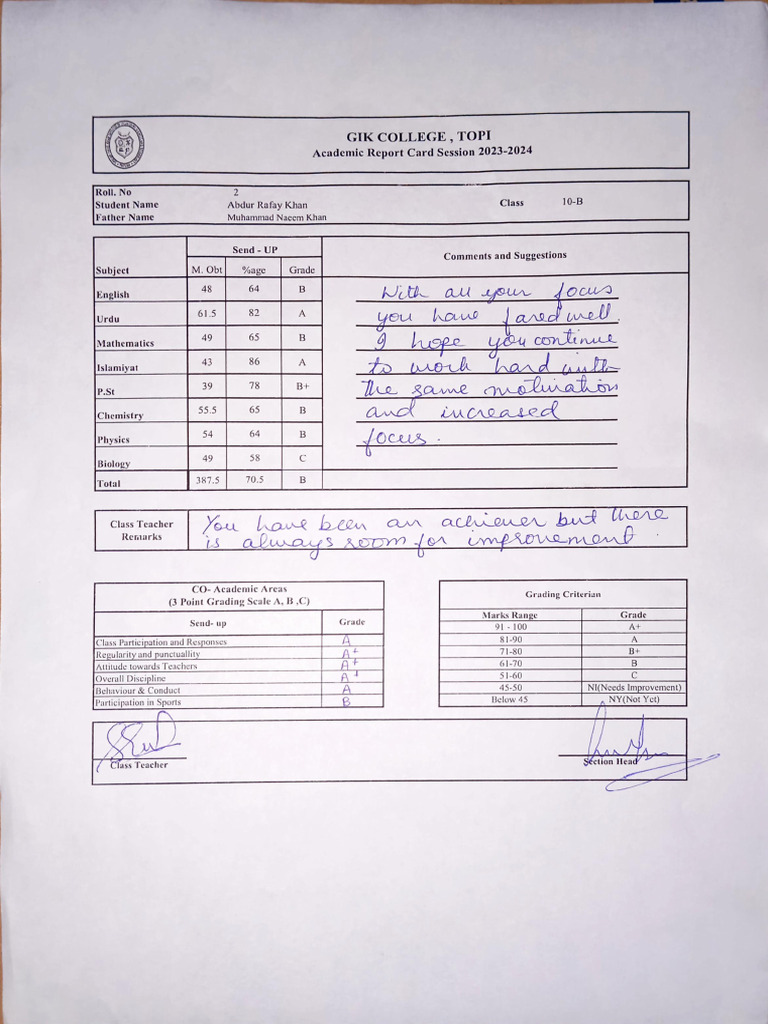 Class 10-B Academic Report Card | PDF