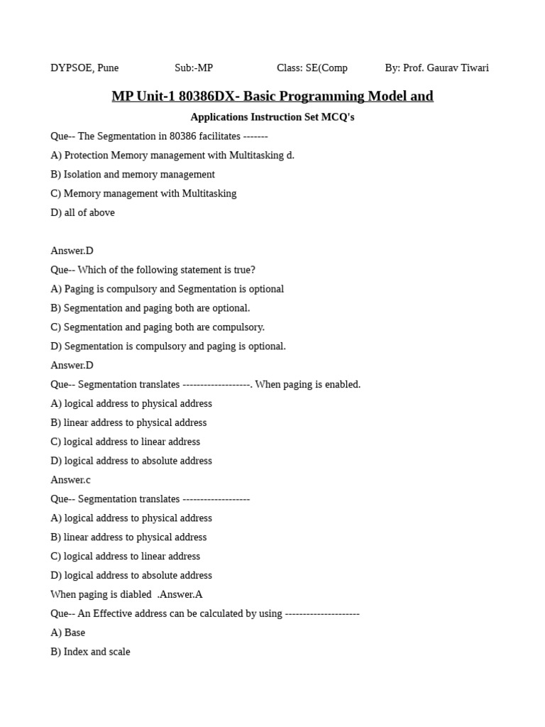 MP - MCQ - Unit-I - by - Prof Gaurav Tiwari | PDF | Computer Science ...