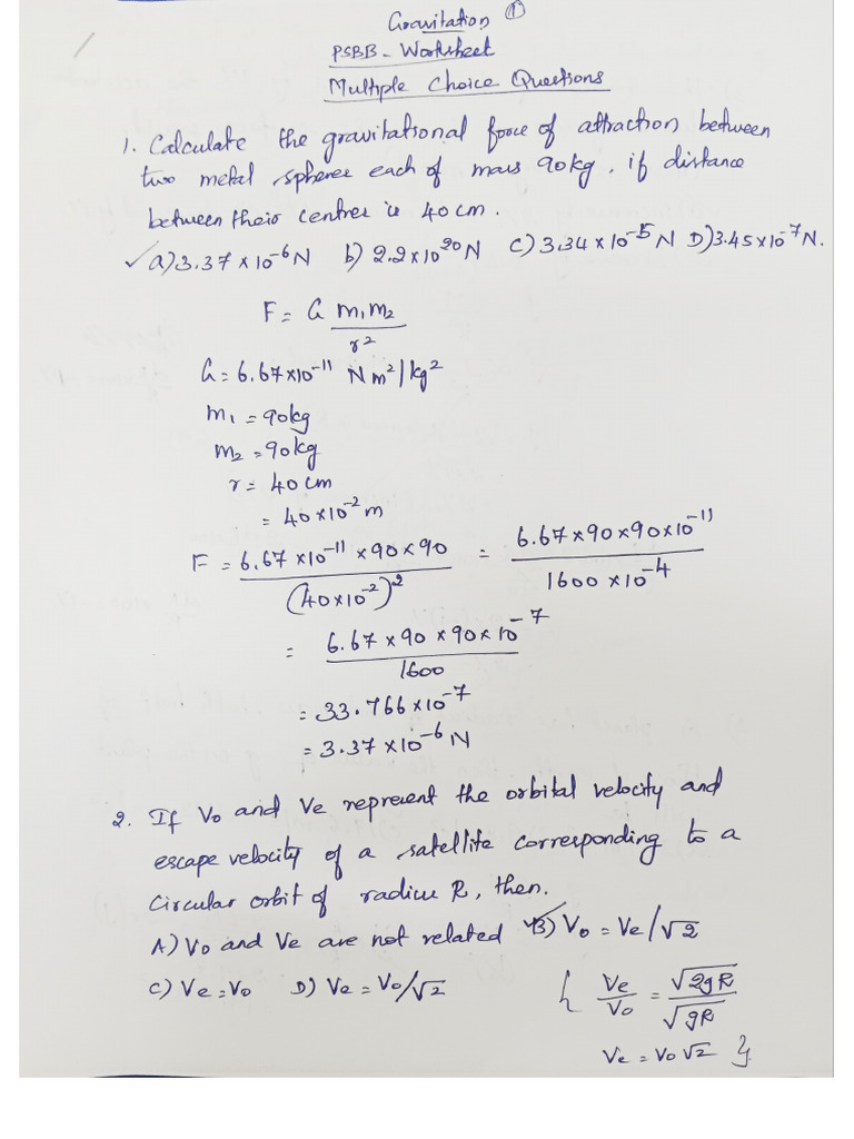 11th Gravitation School Worksheet Ans | PDF