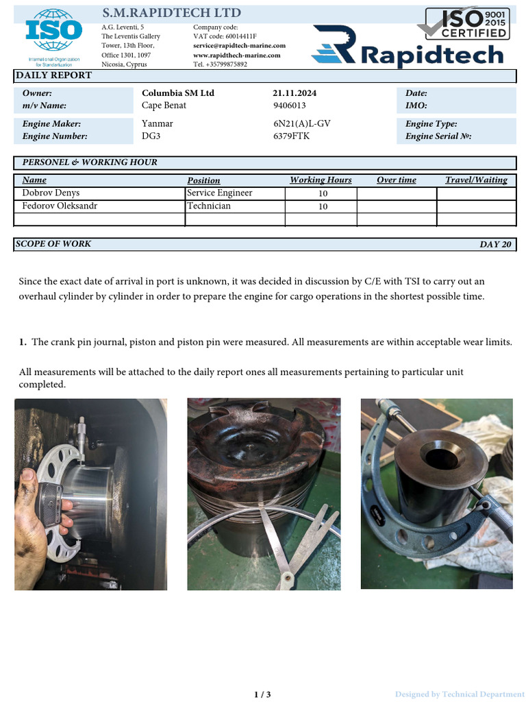 MV Cape Benat DG3 Daily Work Report 21.11.2024 | PDF | Engine Technology | Engines