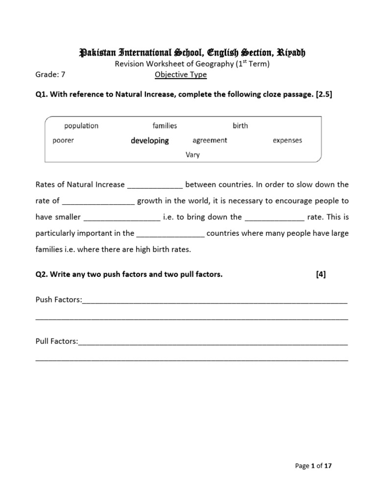 Geography Revision Worksheet for Grade 7 | PDF | Human Migration