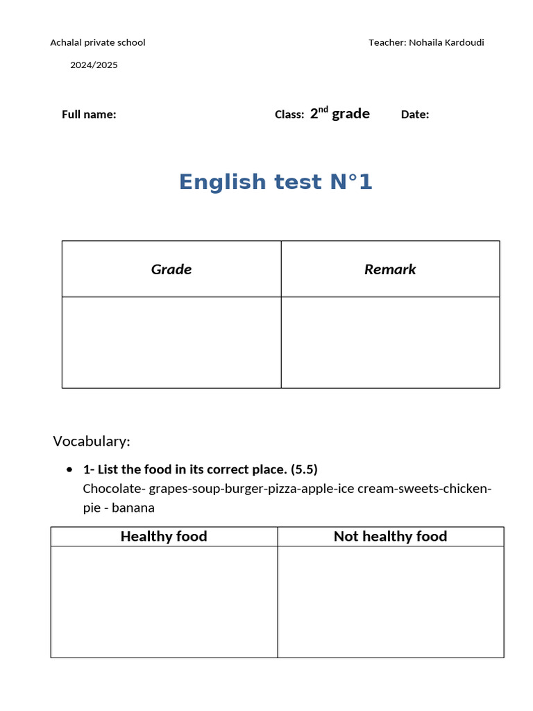 2nd Grade English Test: Food Vocabulary | PDF
