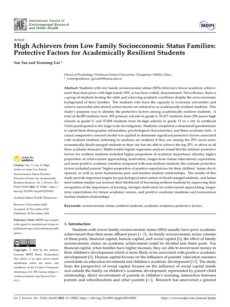 High Achievers From LowFamily Socioeconomic Status Families ...