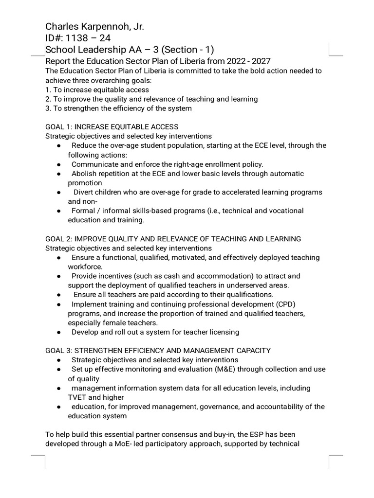Liberia Education Sector Plan 2022-2027 | PDF | Teachers | Economies