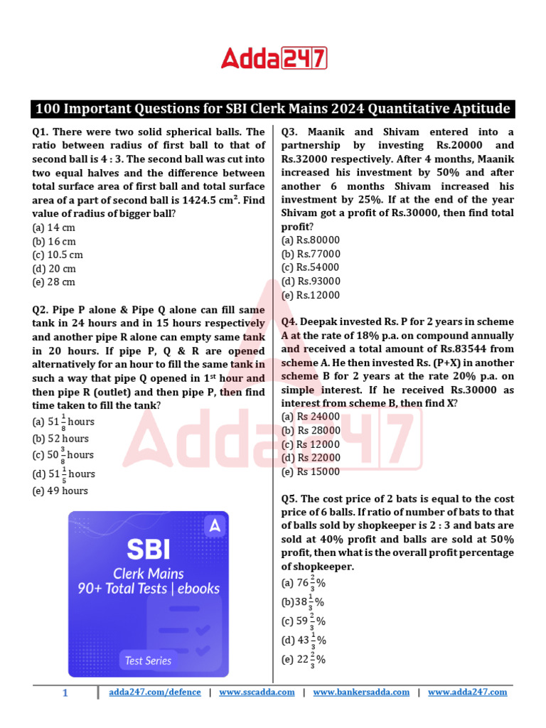 100 Important Questions For SBI Clerk Mains 2024 Quantitative Aptitude ...