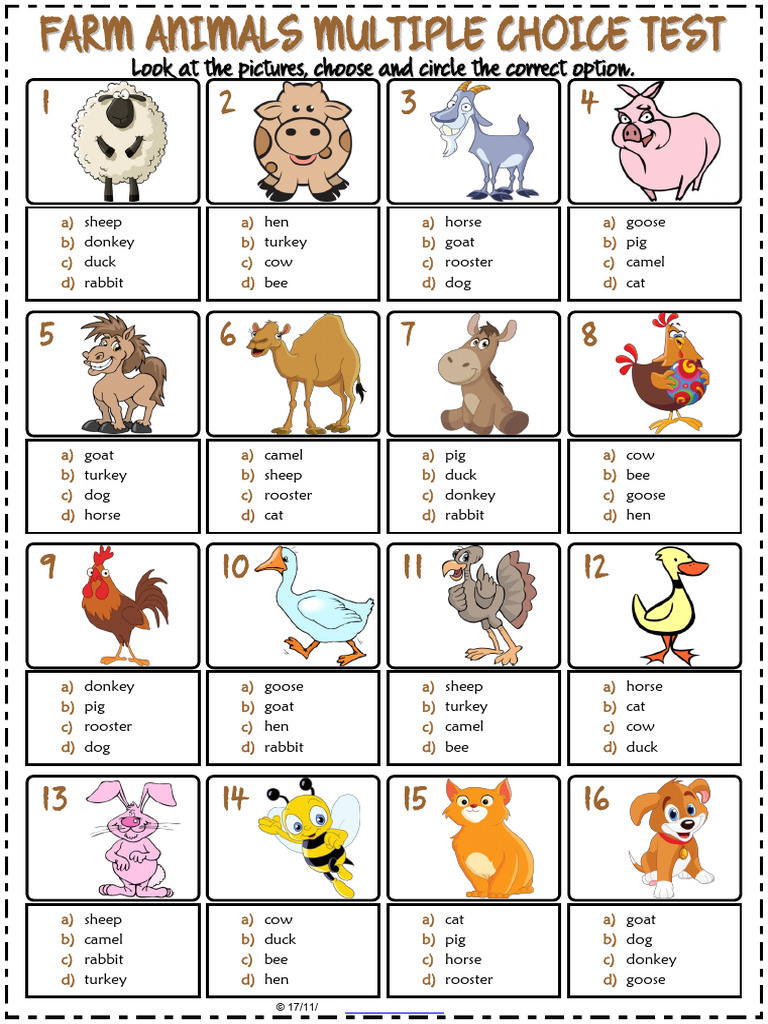 Farm Animals Vocabulary Esl Multiple Choice Test For Kids | PDF ...