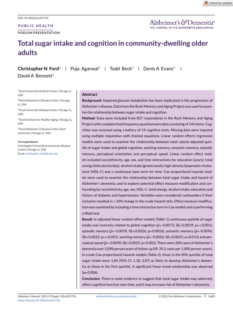 Sugar Intake and Cognitive Decline in Seniors | PDF | Alzheimer's ...