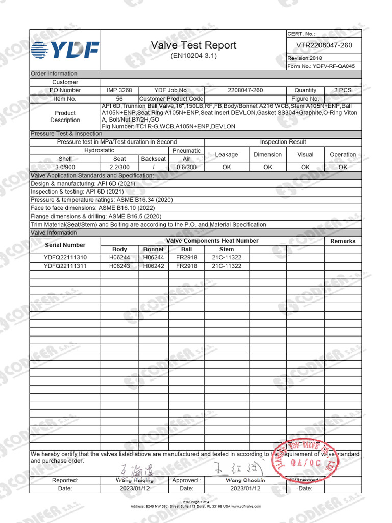 Valvula Bola Trunion 16 X 150 Ydf 22111311 y 310 | PDF | Valve | Mechanical Engineering