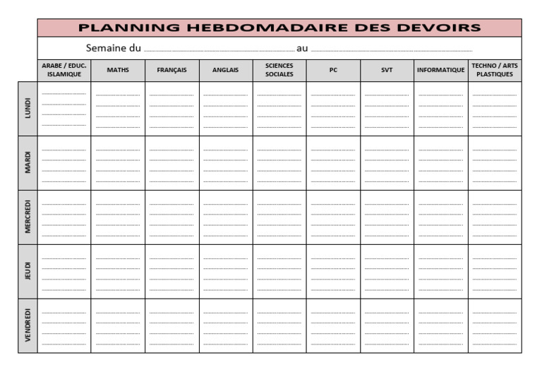 (Collège) (Planning Hebdomadaire Des Devoirs) | PDF