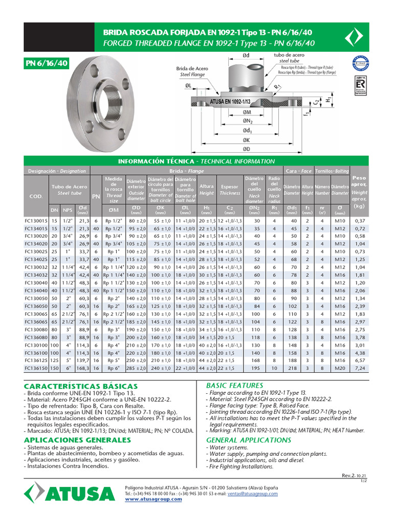 FT Brida Cuello Roscada en 1092-1 PN 6 - 16 - 40 | PDF | Plomería