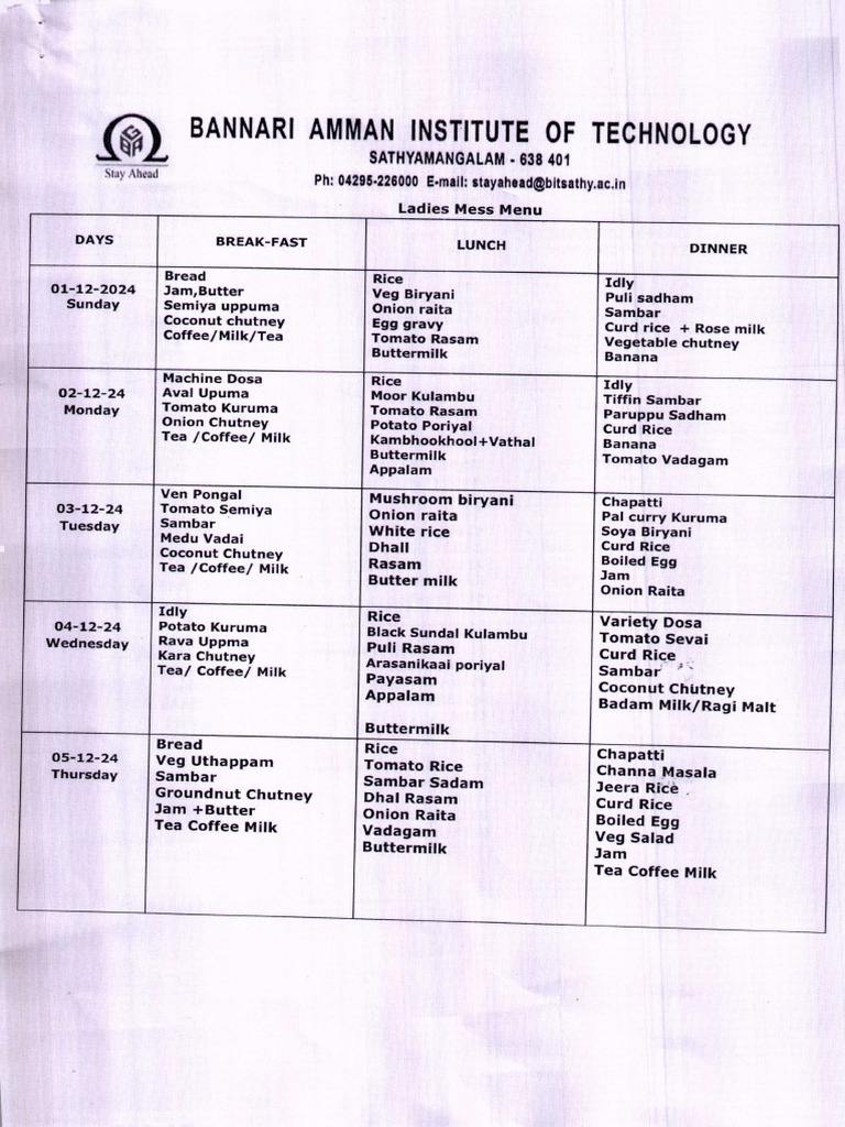 Ladies Hostel Mess Menu December 2024 | PDF | Indian Cuisine | Food And ...