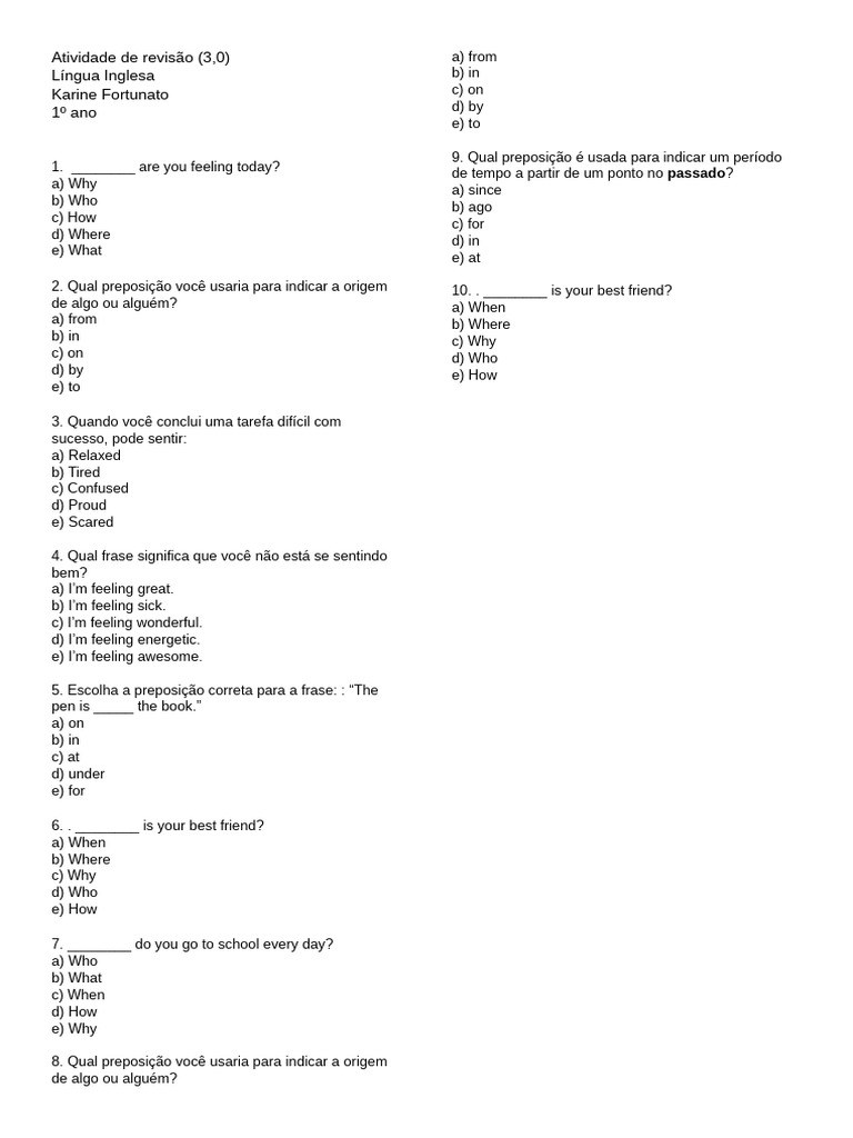 Atividade de Revisão 1º IVb | PDF