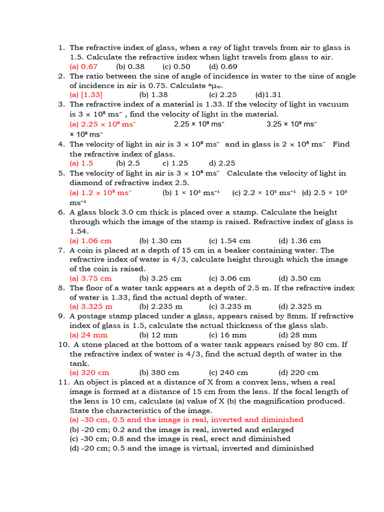 XP MCQs The Refractive Index of Glass & Len | PDF | Lenses | Optics