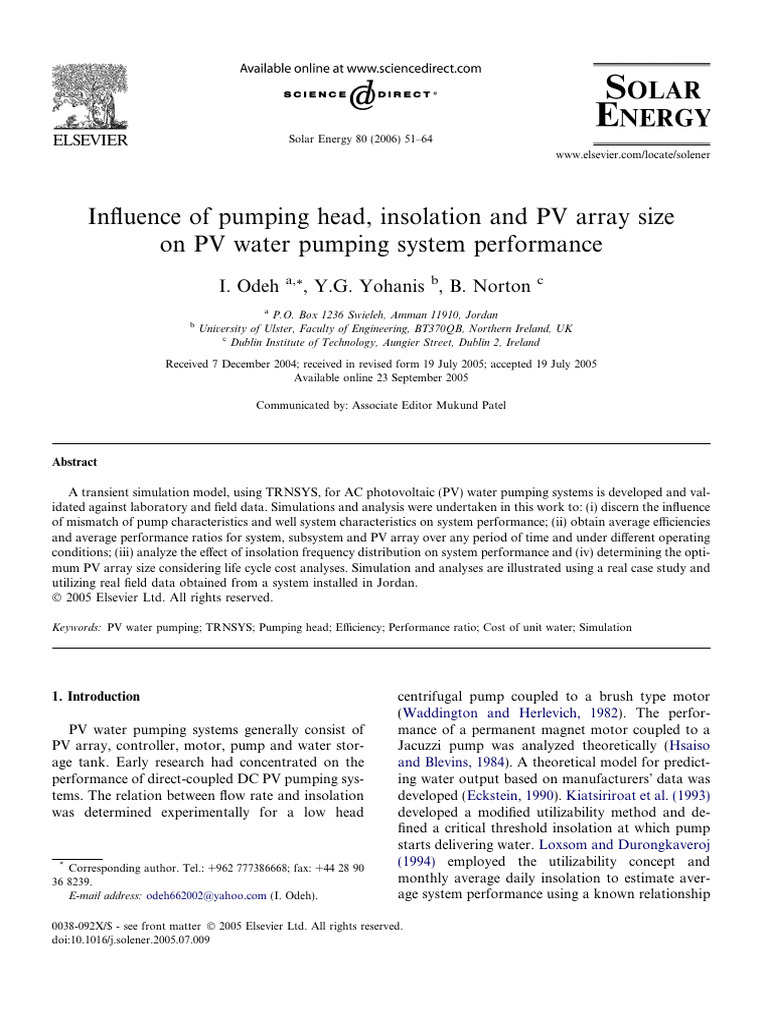 Influence of Pumping Head Insolation and | PDF | Photovoltaics ...