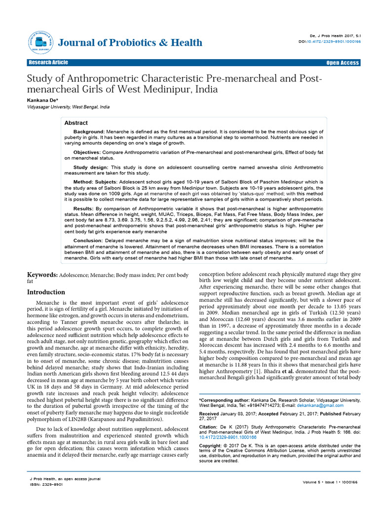 Study of Anthropometric Characteristic Premenarcheal and ...