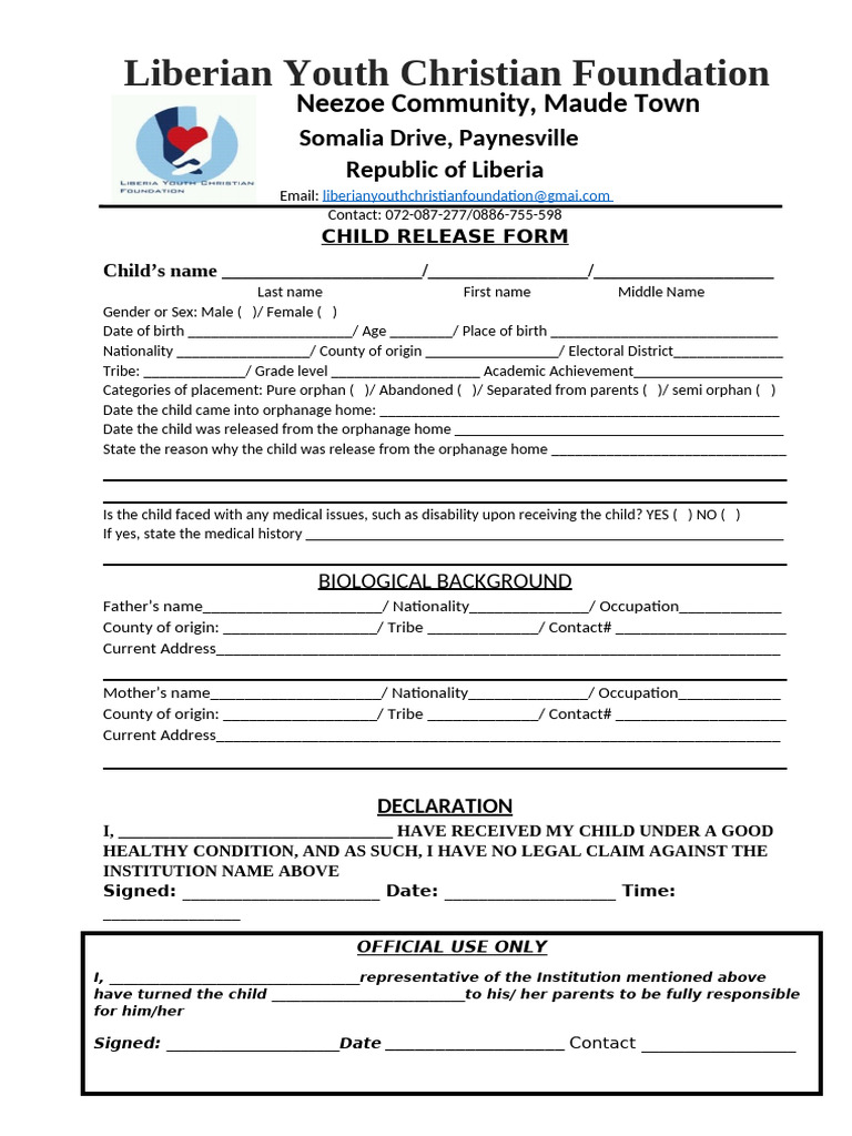 Child's release form | PDF | Orphanage | Justice