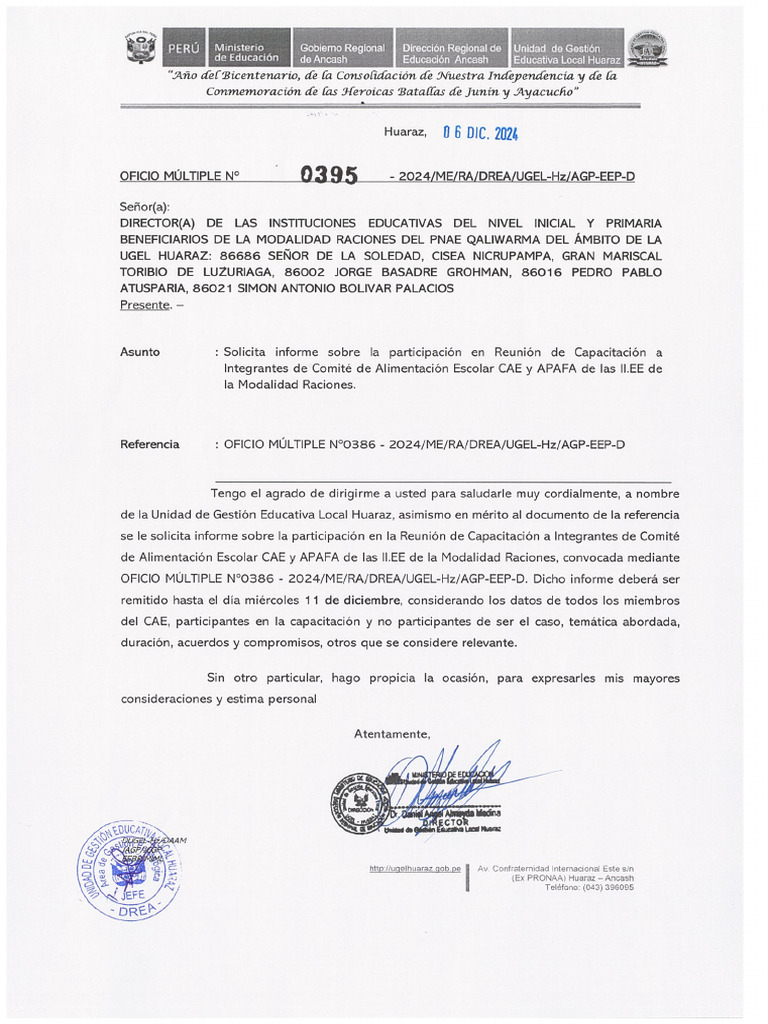 Oficio Múltiple N°0395 - 2024 Solicita Informe de Participación en Capacitación | PDF