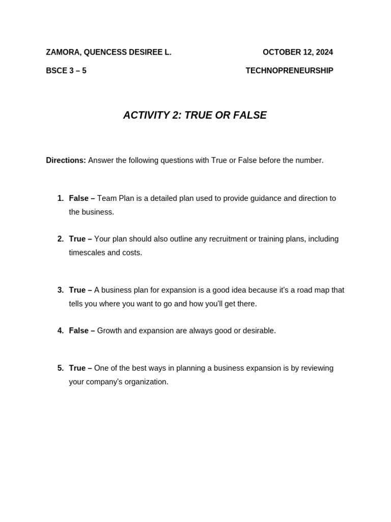 True or False: Business Expansion Insights | PDF