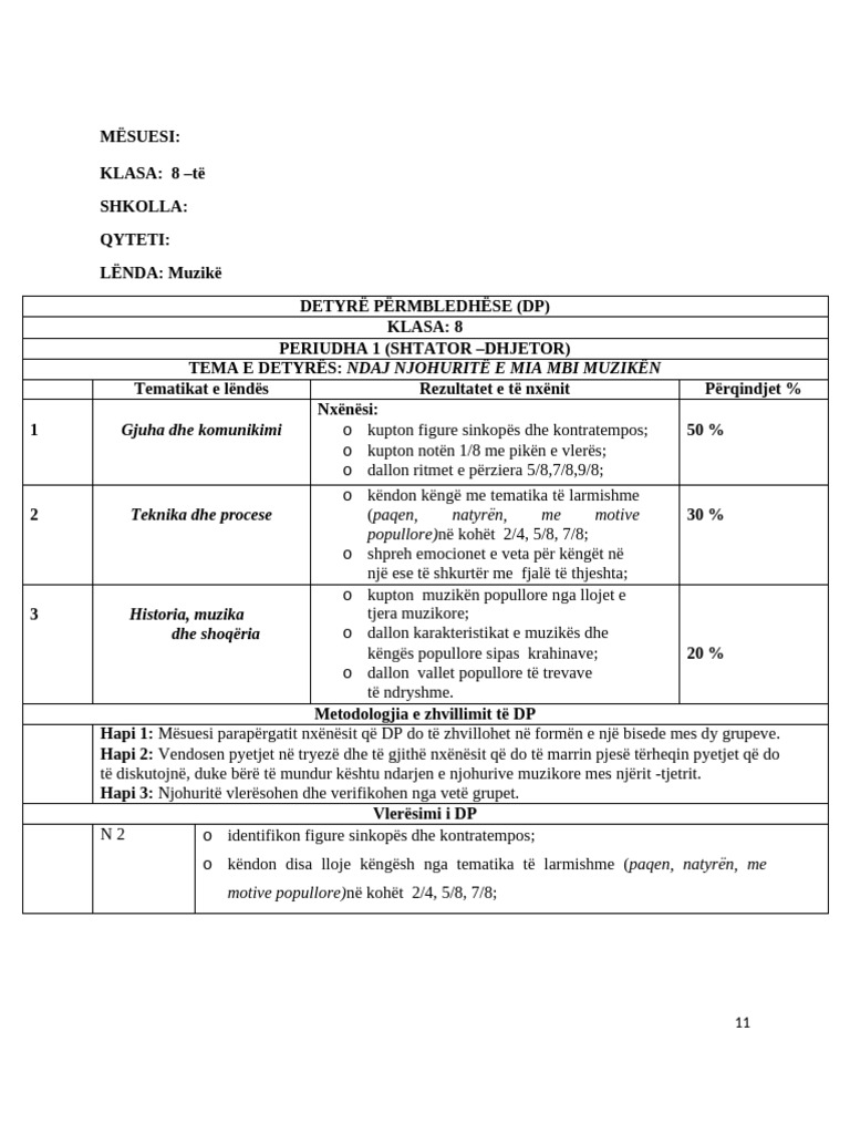 Muzika 8 - Detyrë Përmblëdhese 2023-2024 | PDF