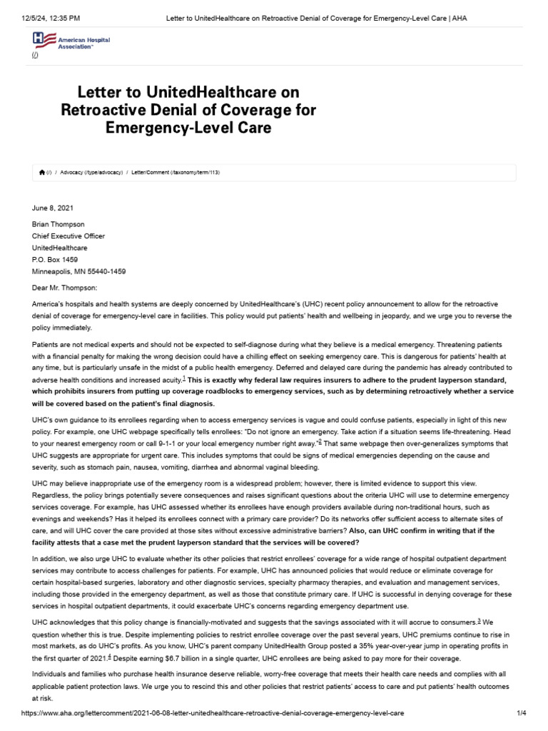 Letter to UnitedHealthcare on Retroactive Denial of Coverage for ...