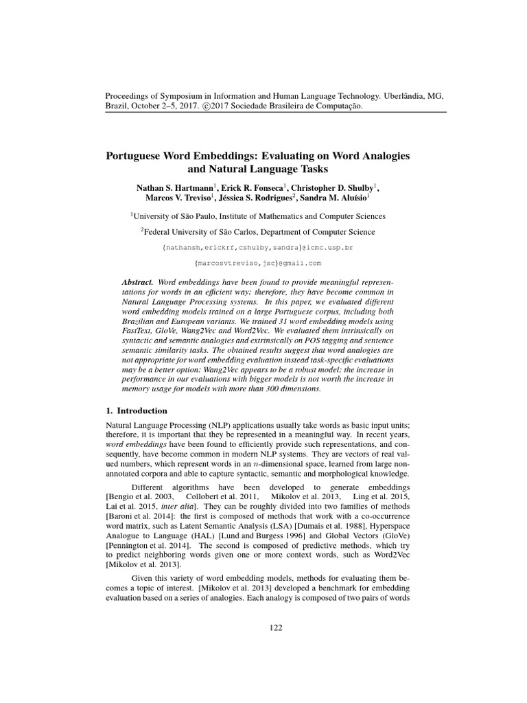 Portuguese Word Embeddings - Evaluating On Word Analogiesand Natural Language Tasks (Hartmann Et ...