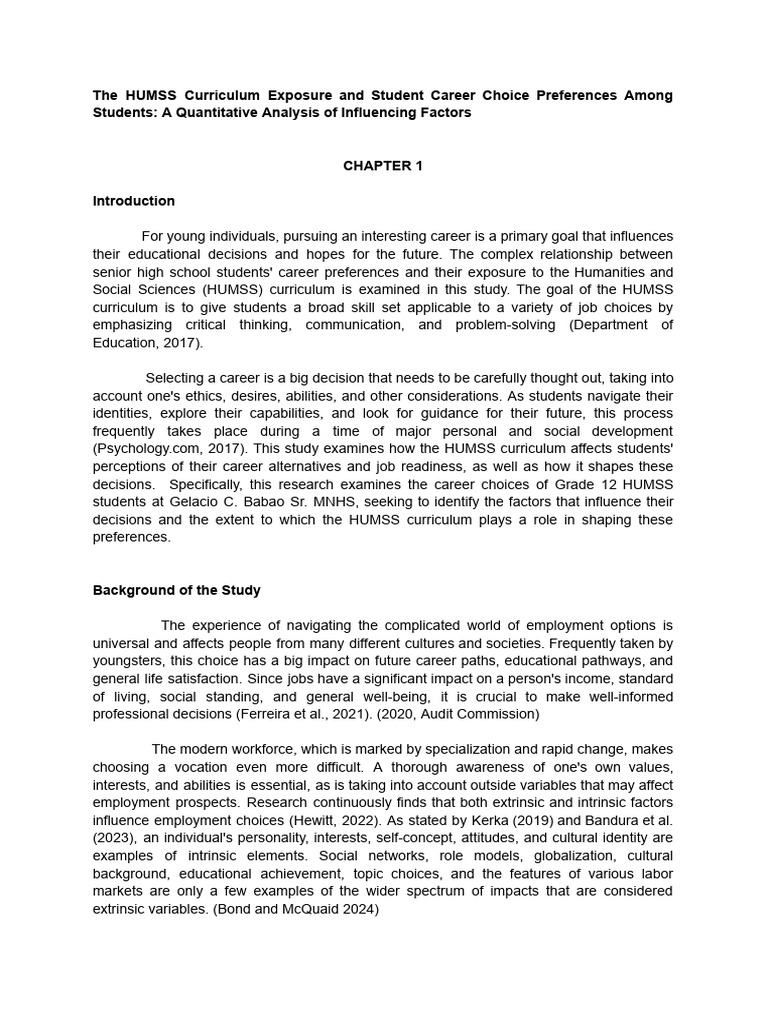 The HUMSS Curriculum Exposure and Student Career Choice Preferences ...