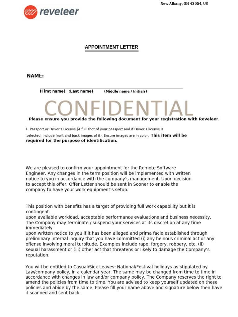 Appointment - Letter - Admin - HR - Reveleer | PDF | Sick Leave ...