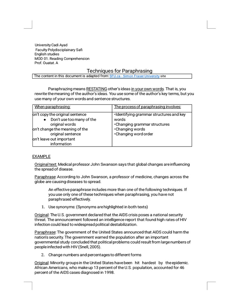 3 - M1, Reading Comprehension, Week 3 Techniques For Paraphrasing, Pr. Ouatat-1 | PDF | Lyme ...