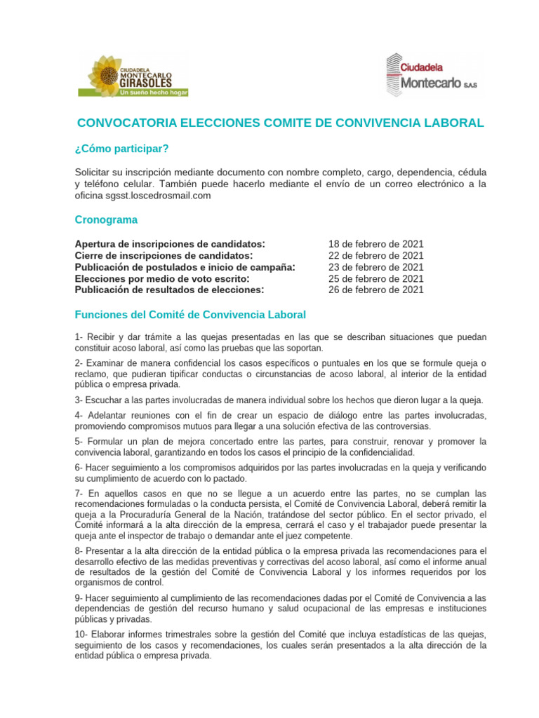 Convocatoria COMITE DE CONVIVENCIA LABORAL | PDF | Gobierno