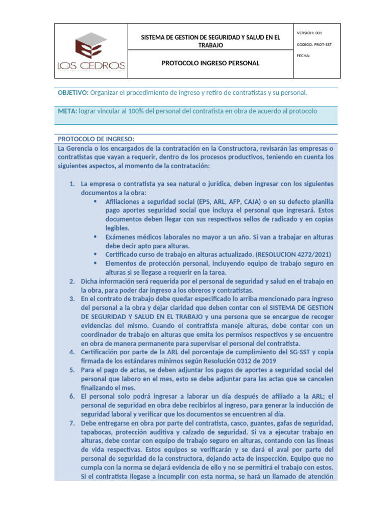 Protocolo de Ingreso y Retiro de Personal SST | PDF