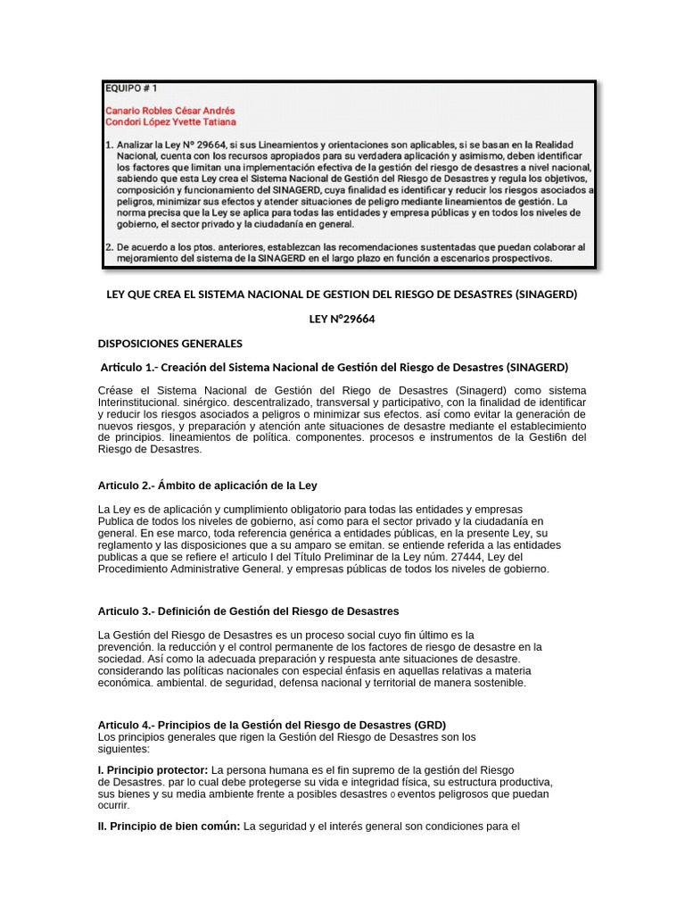 LEY QUE CREA EL SISTEMA NACIONAL DE GESTION DEL RIESGO DE DESASTRES ... LEY QUE CREA EL SISTEMA NACIONAL DE GESTION DEL RIESGO DE DESASTRES ...