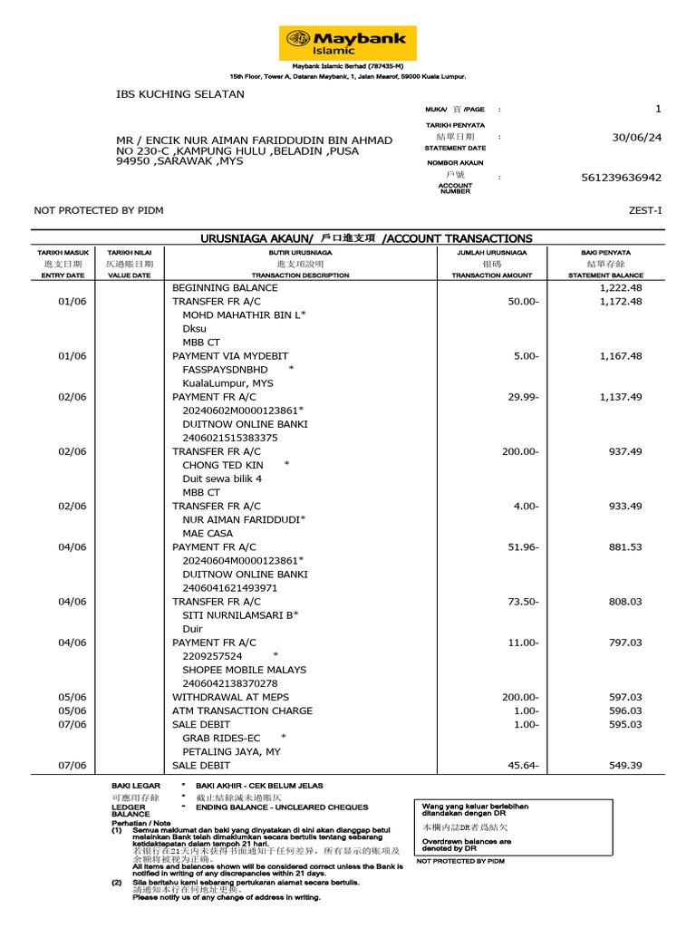 M2U CA 636942 Jun 2024 | PDF | Debits And Credits | Debit Card